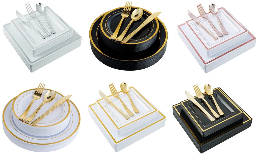 JOLLY CHEF 125 Piece Plastic Plates and Disposable Silver Set, 25 Place ...