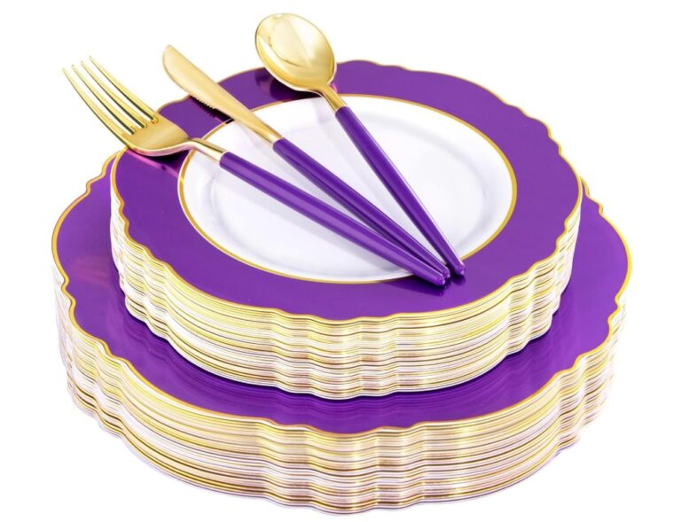 WDF 30Guest Purple Plastic Plates with Gold Rim & Disposable Gold ...