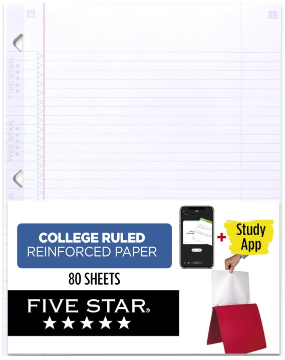 Five Star Loose Leaf Paper + Study App, College Ruled Filler Notebook ...