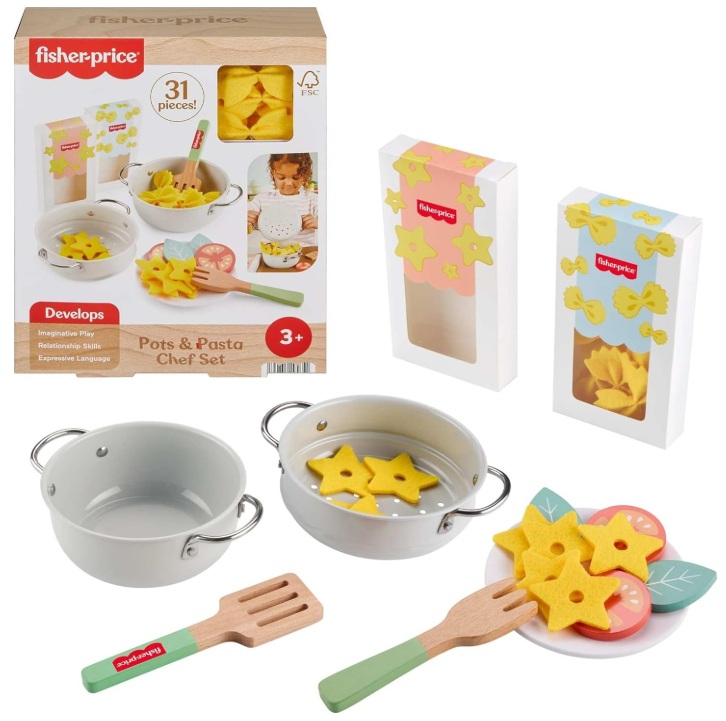 Fisher-Price Wood Pretend Cooking Set, Pots & Pasta Chef, 31 Pieces ...