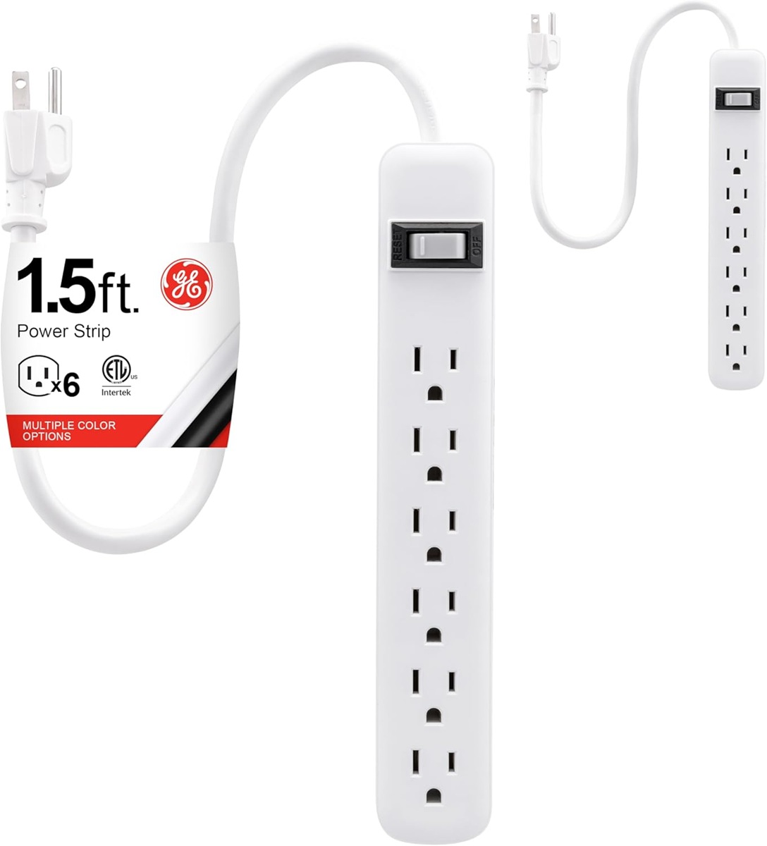GE 6-Outlet Power Strip, 2 Pack, 1.5 Ft Extension Cord, Heavy Duty Plug ...