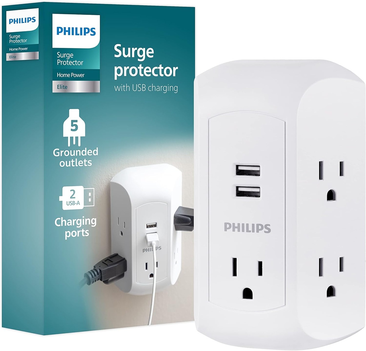 Philips 5-Outlet Extender, Grounded Wall Tap, 3-Prong, 2 USB-A, Surge ...